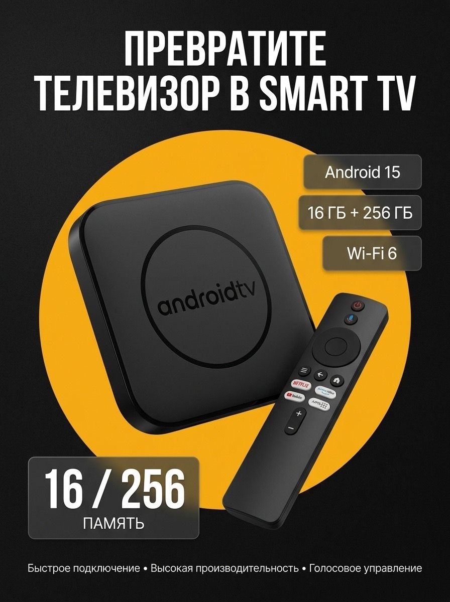 Смарт ТВ приставка Android 15, 16/256 ГБ, Wi-Fi 6, 10K Ultra HD, TV Box с голосовым управлением