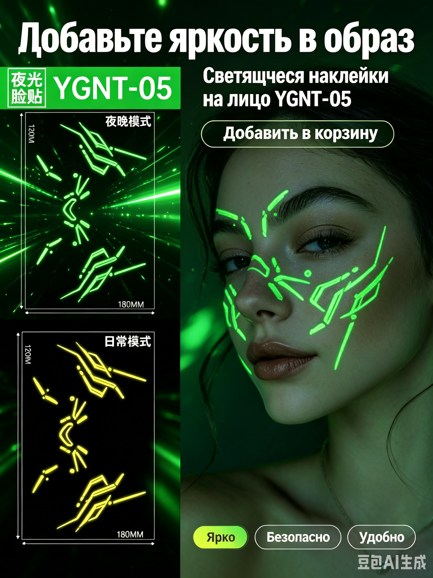 Светящиеся в темноте тату‑наклейки на лицо узор молнии, временные наклейки для Хэллоуина, косплея и вечеринок