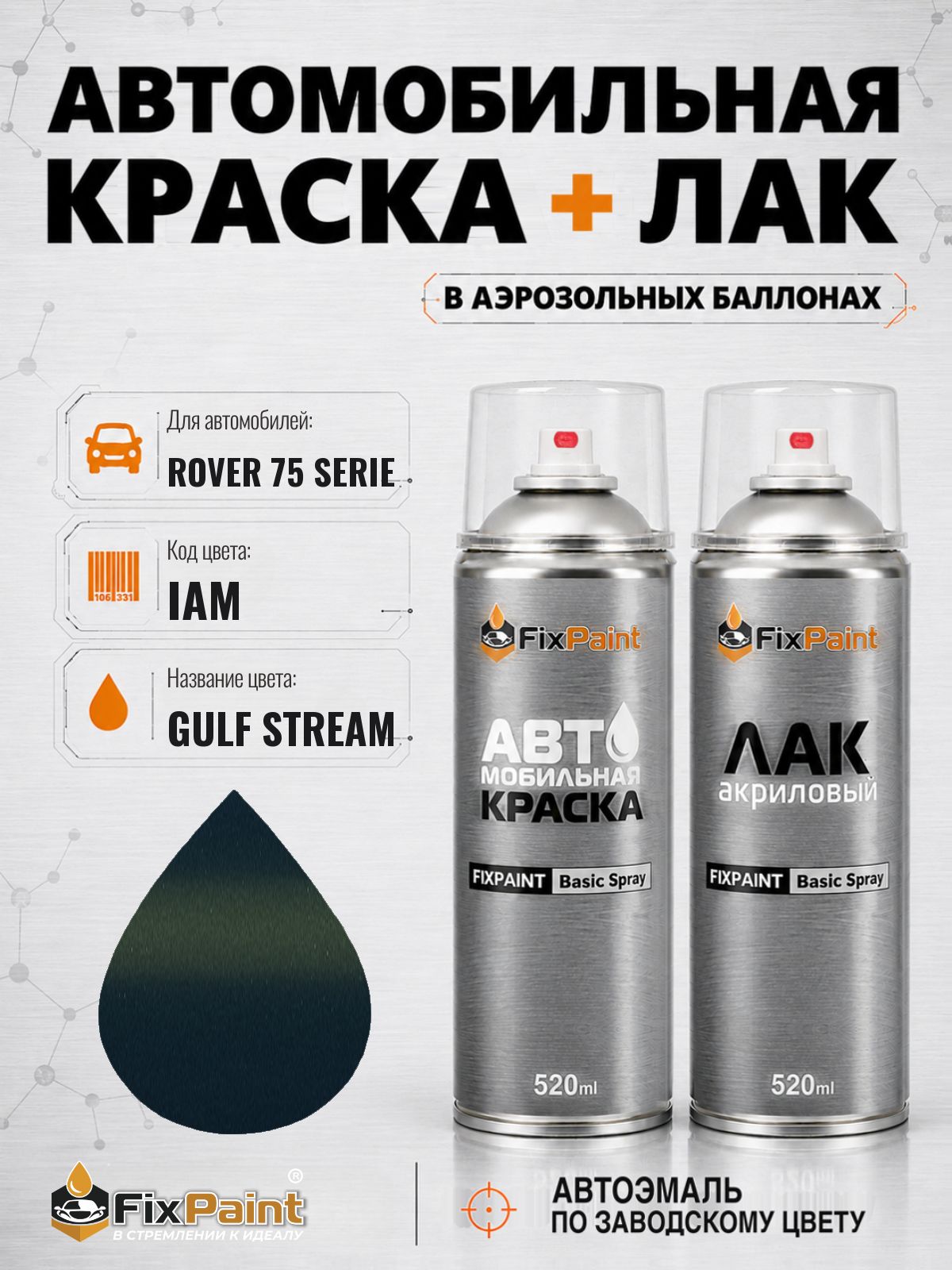 Краска и лак для ROVER 75 SERIE, код IAM, GULF STREAM, автомобильная эмаль базовая и акриловый глянцевый лак FixPaint в аэрозольных баллонах 520 мл