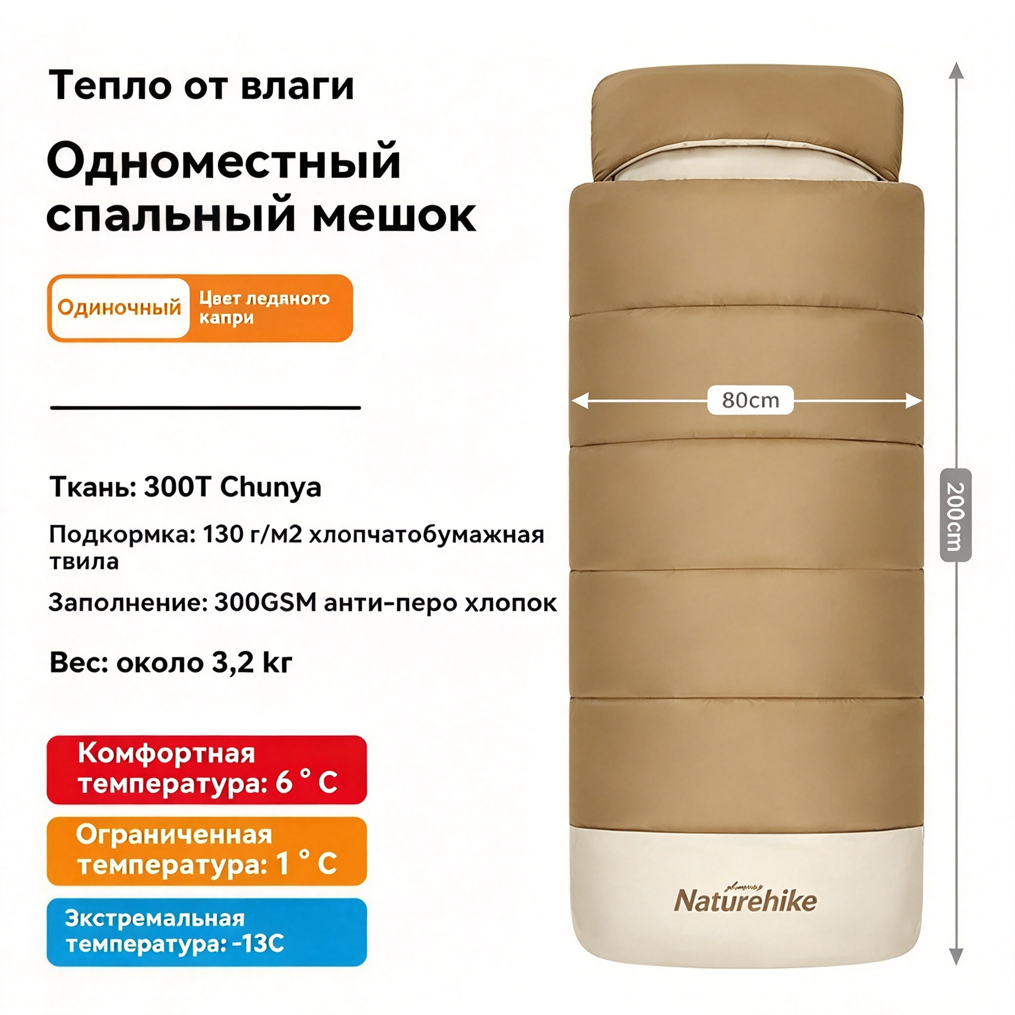 Naturehike Одиночный спальный мешок с капюшоном Camping с мягкой и удобной подушкой NH21MSD02