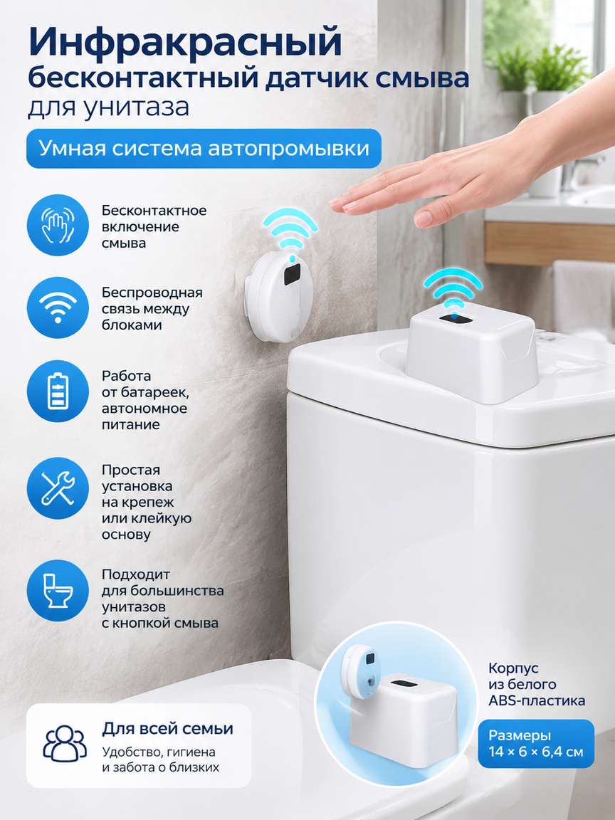 Инфракрасный бесконтактный датчик смыва для унитаза, умная система автопромывки, белый