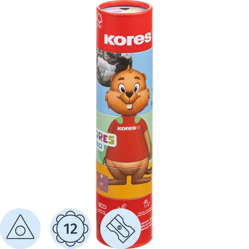 Карандаши цветные Kores Jumbo 12 карандашей 12 цветов трёхгранные (утолщённые)