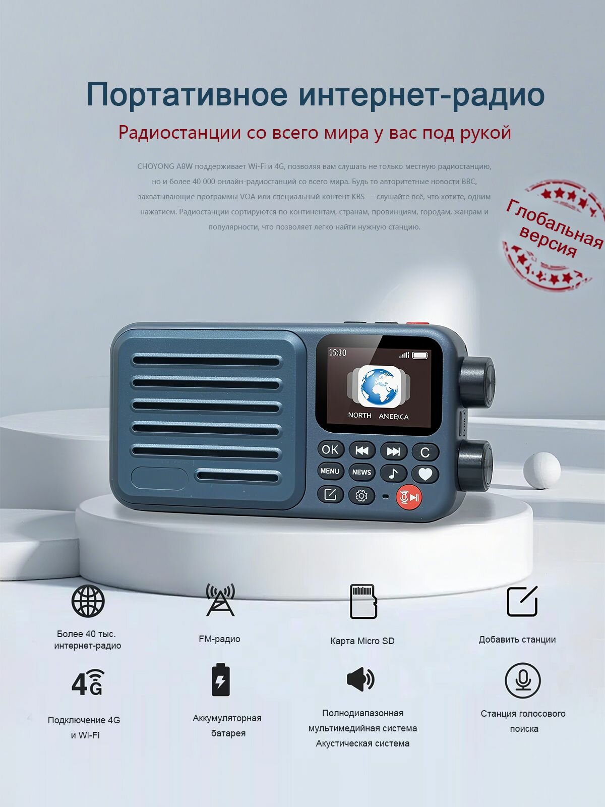 Интернет-радио CHOYONG A8W, портативный смарт-WIFI FM-приемник с 4K+ предустановленными станциями, голосовым поиском, будильником и картой памяти Micro SD