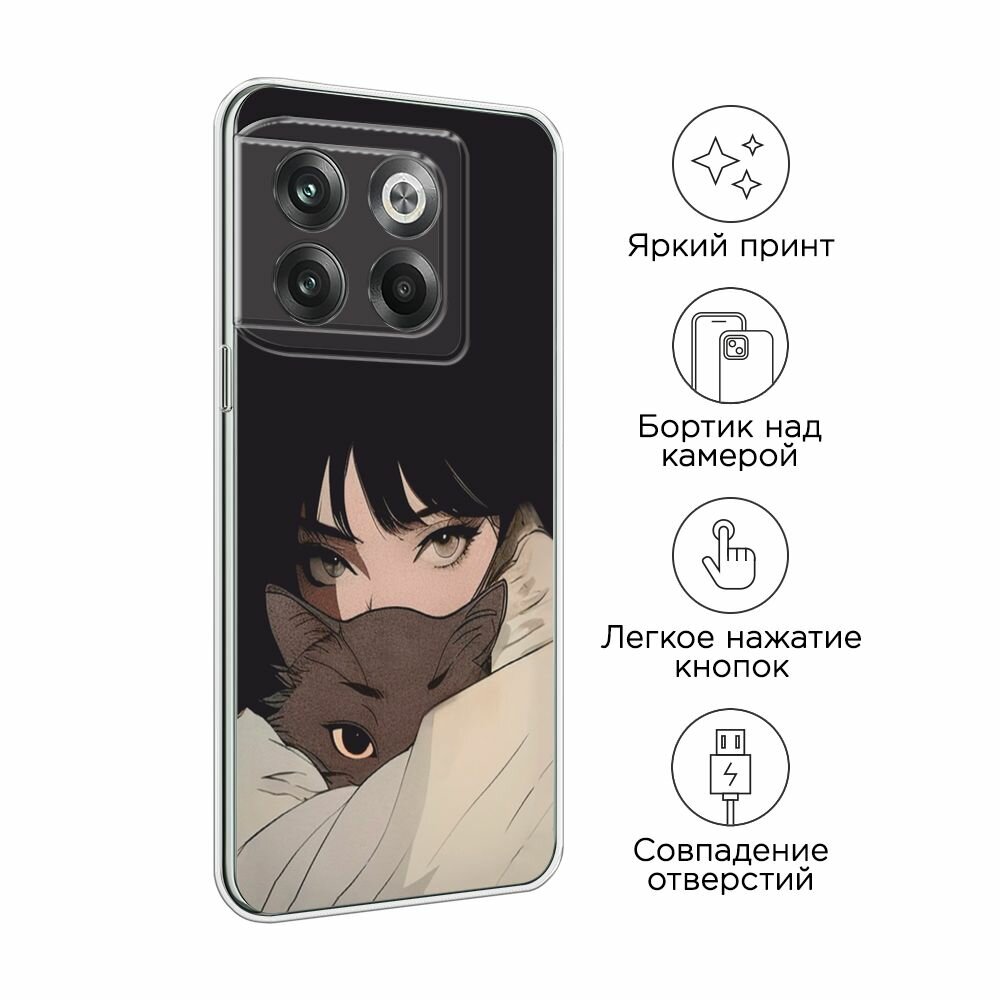 Чехол на OnePlus 10T / Ван плюс 10T с принтом "Аниме девушка с котиком" — фото 1
