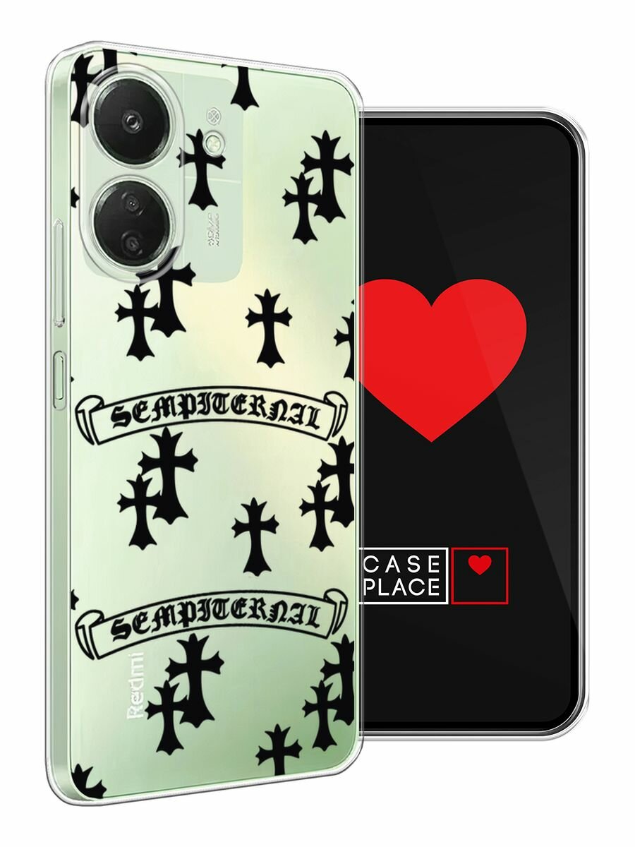 Чехол на Xiaomi Redmi 13C/Poco C65 / Сяоми Редми 13C/Поко С65 с принтом "Кресты паттерн чёрный", прозрачный — фото 1