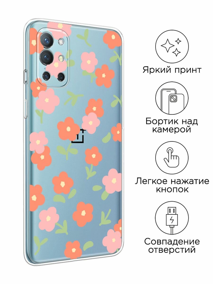 Чехол на OnePlus 9R / ВанПлас 9R с принтом "Красные цветочки рисунок", прозрачный — фото 1