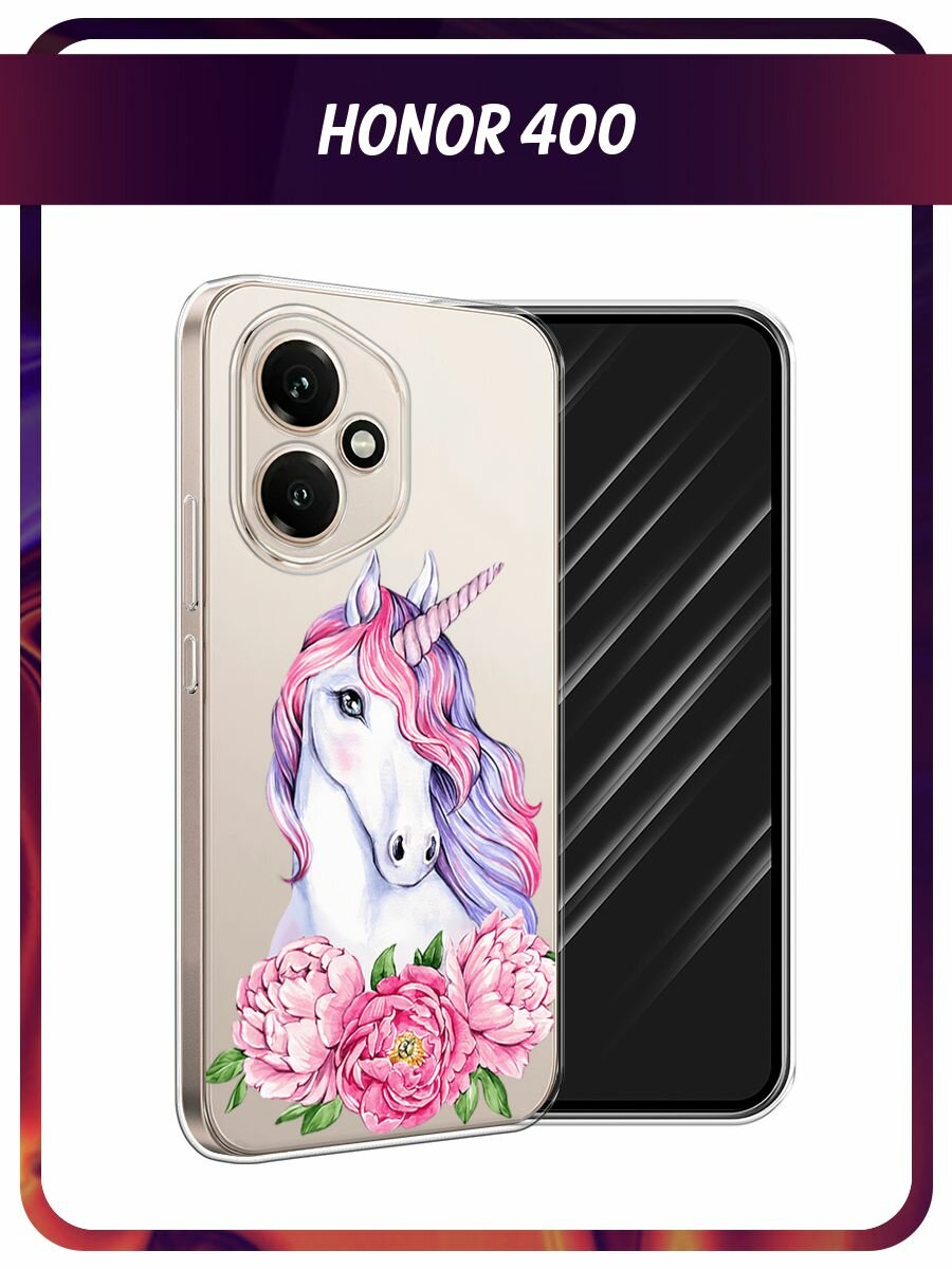 Чехол на Honor 400 / Хонор 400 с принтом "Единорог с пионами", прозрачный
