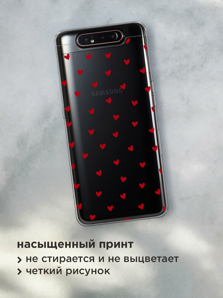 Чехол на Samsung Galaxy A80 / Самсунг Гэлакси A80 с принтом "Red hearts", прозрачный — фото 1
