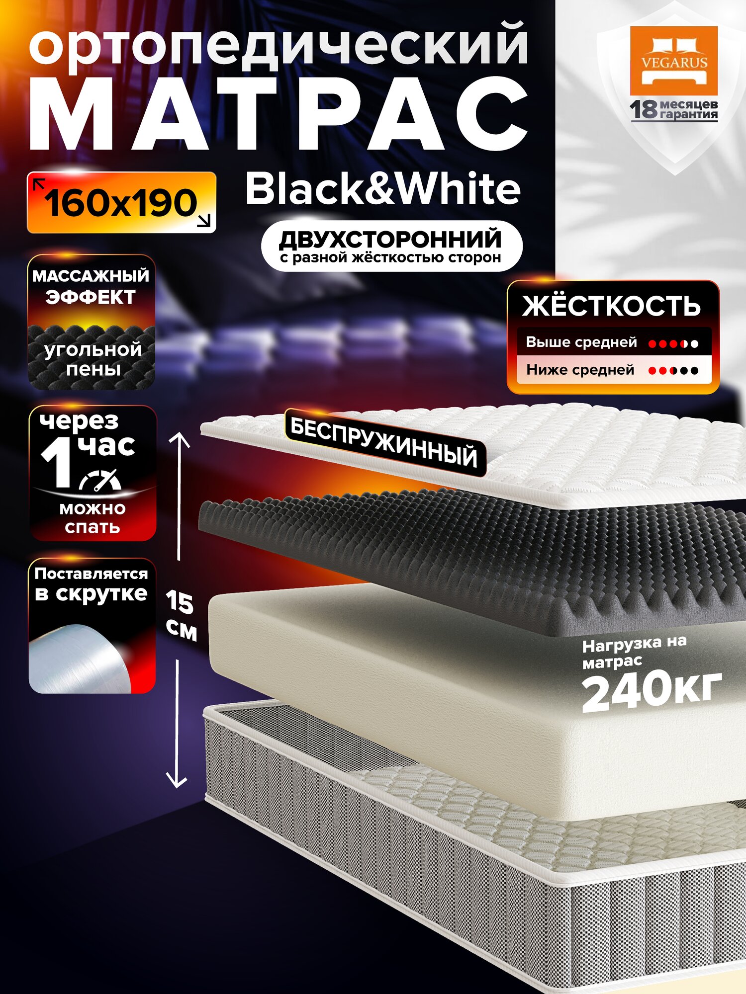 Матрас 160×190х15 на кровать, беспружинный, ортопедический, Black and White