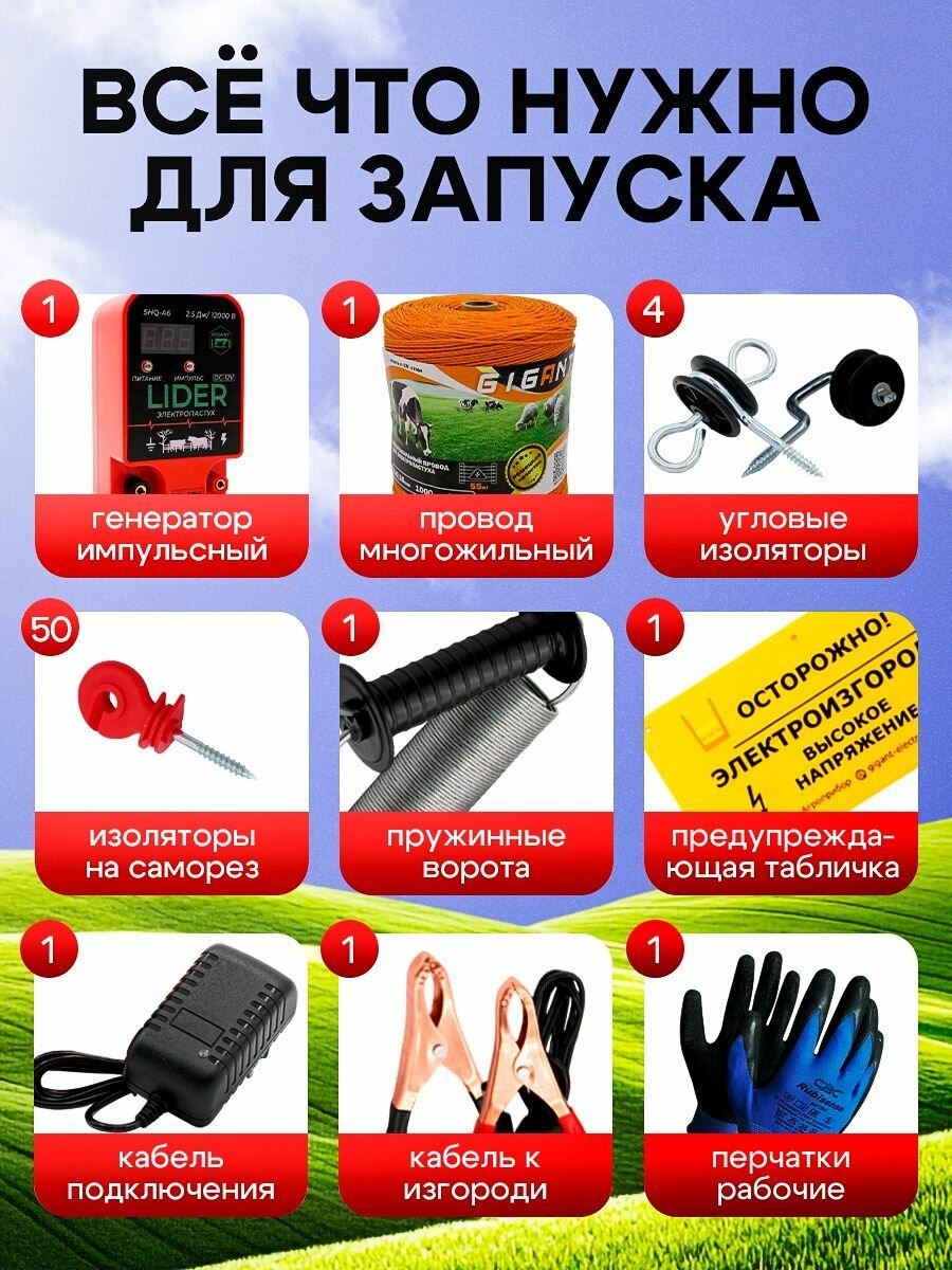Комплект электропастуха GIGANT LIDER 2.5, для КРС, лошадей, 10 Га, 500м — фото 1