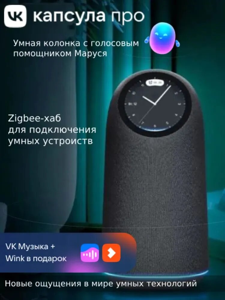 Умная колонка VK "Капсула Про", с Марусей от VK, с подсветкой RGB, мощность 65Вт, черная