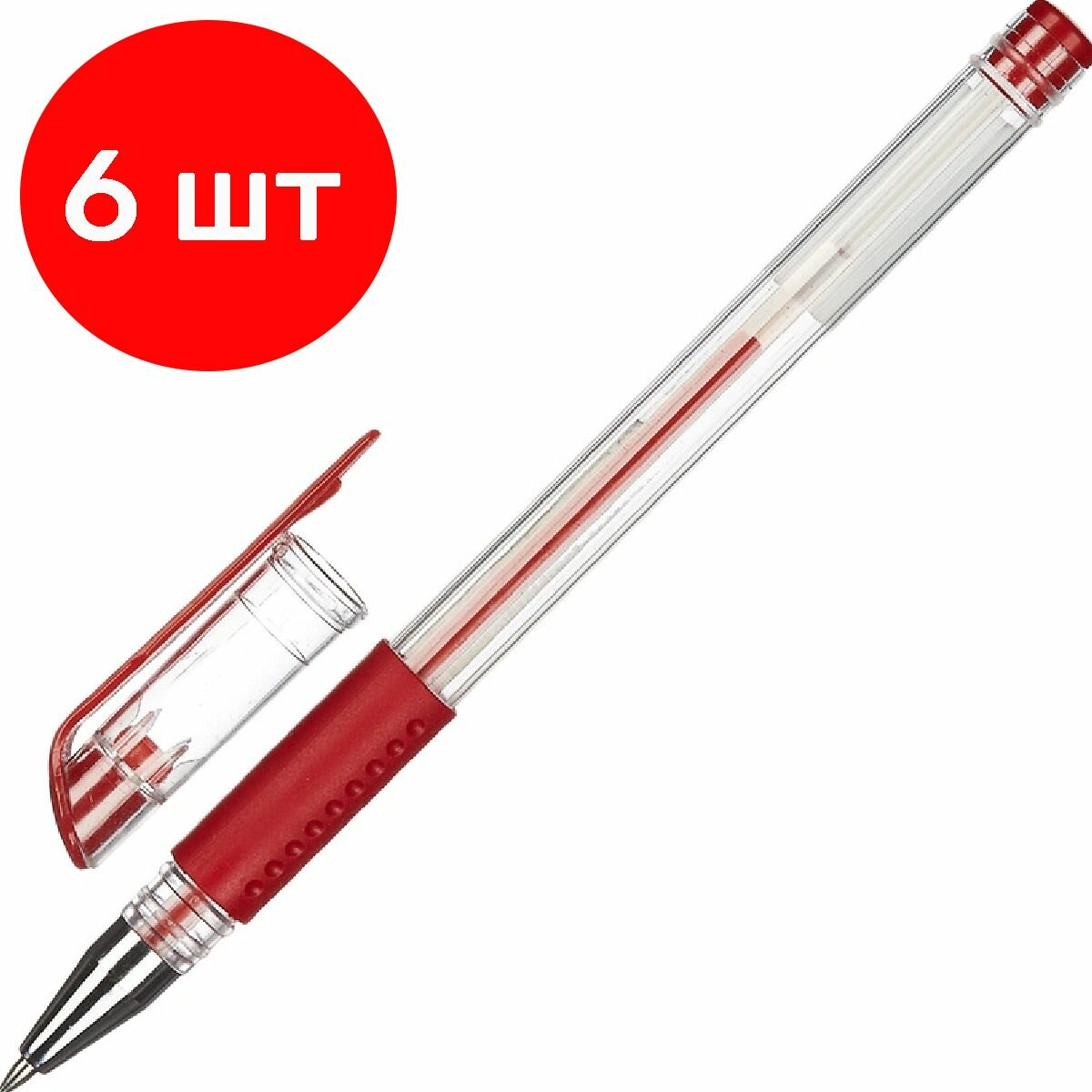 Ручка гелевая 6 штук, неавтоматическая красная (толщина линии 0.5 мм)