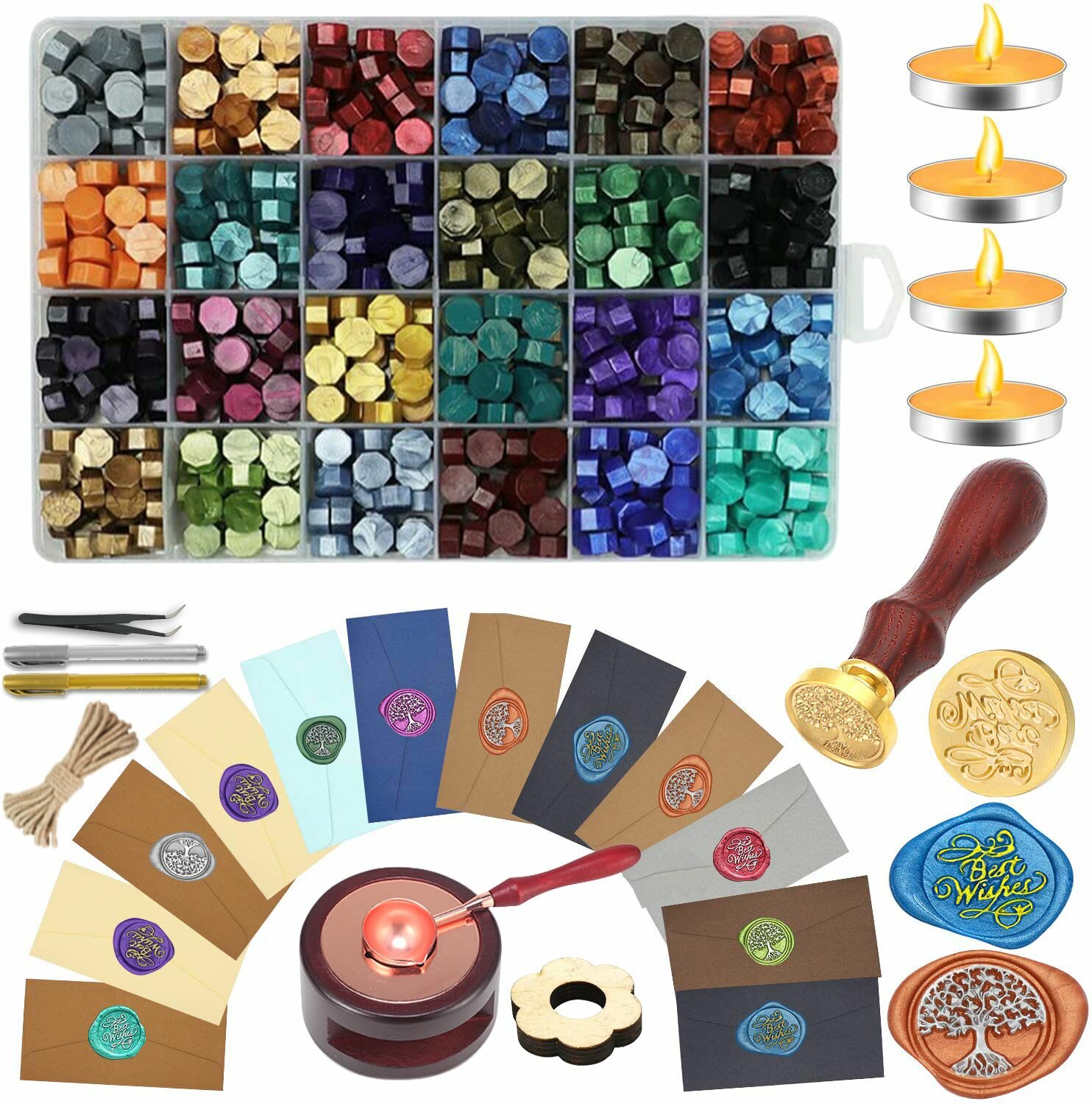 Подарочный набор всё для Сургучной печати , 600 гранул,24 цвета, 2 Штамп, 4 свечи, ложка для плавки, 2 маркеры, сургучница