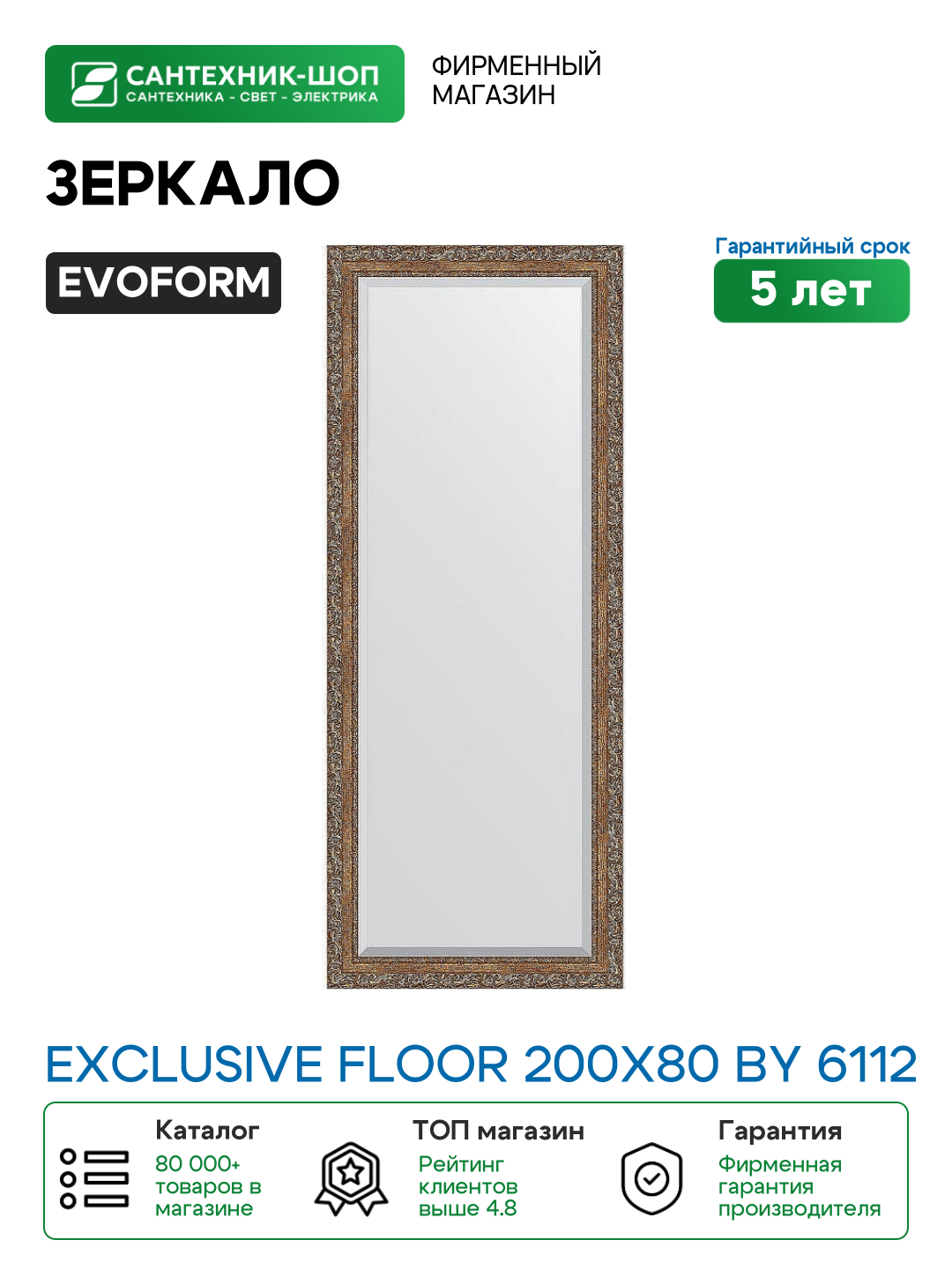 Зеркало Evoform Exclusive Floor 200х80 BY 6112 с фацетом в багетной раме - Виньетка бронзовая 85 мм стекло