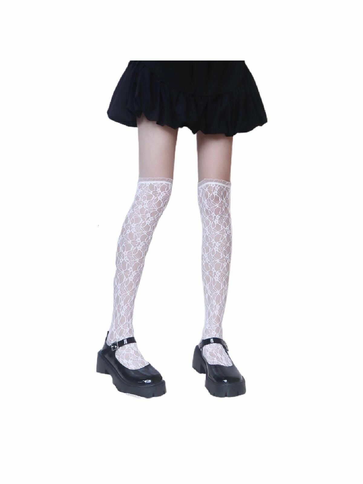 Чулки до бедра с кружевом и цветочным узором, Белый