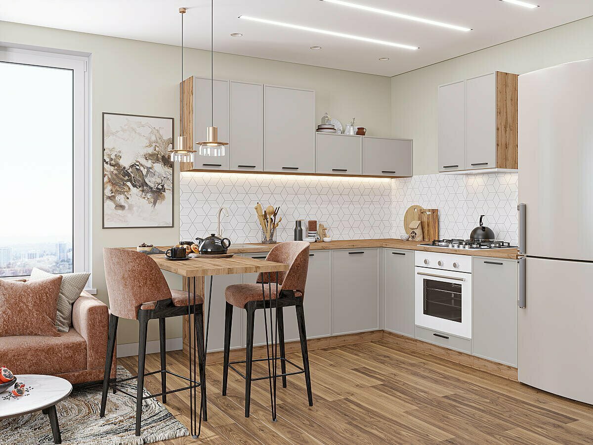 Готовый кухонный гарнитур кухня без столешницы Фрейм-03 Cream Silk, Дуб Вотан