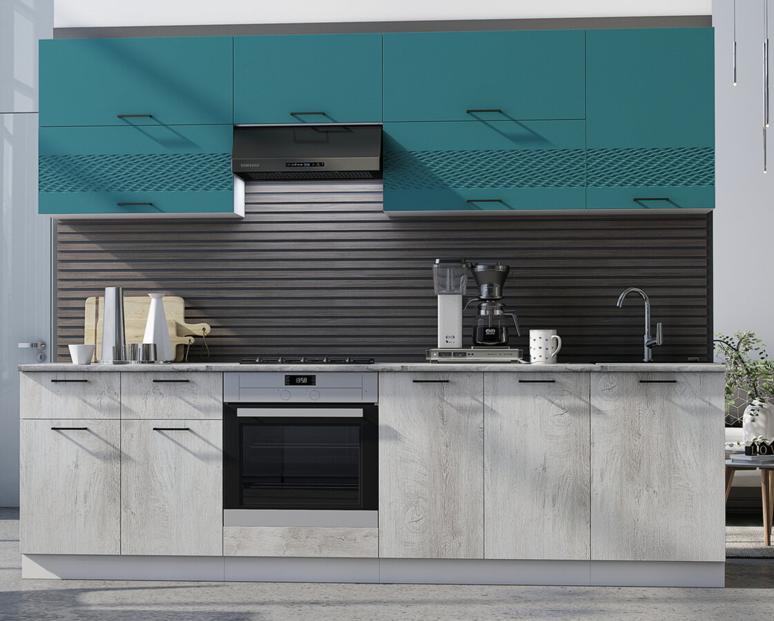 Кухонный гарнитур, кухня, готовый комплект Лагуна 2,7 м Морская Волна Софт/Дуб Седой.