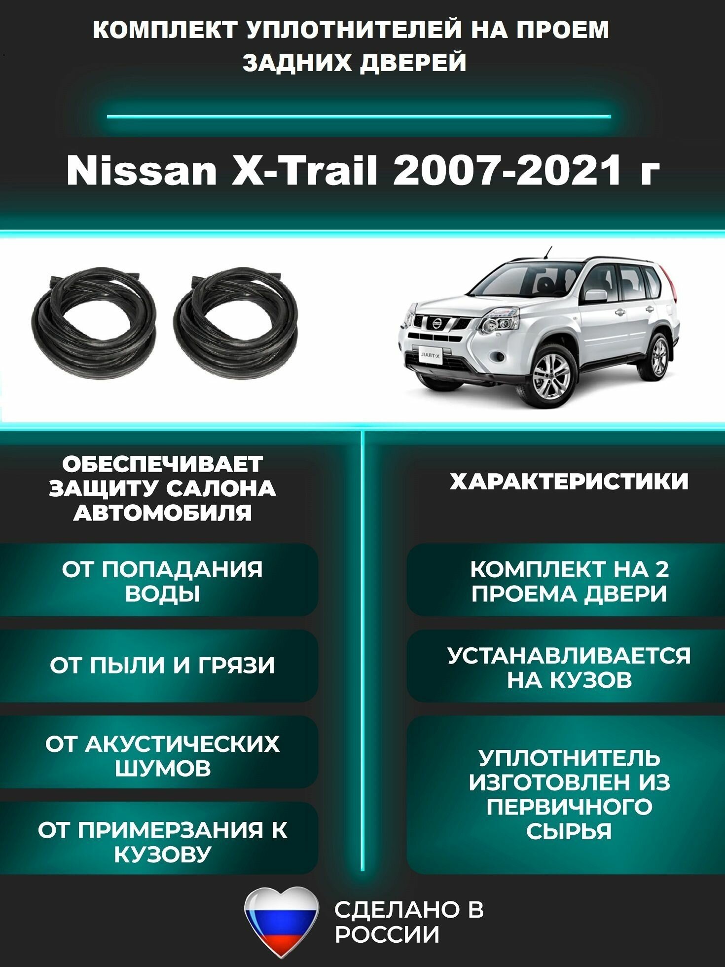 Комплект уплотнителей проема задних дверей Nissan X-Trail, Ниссан Х- Трейл, Икстрэйл (уплотнитель на заднюю правую и левую пассажирскую дверь)