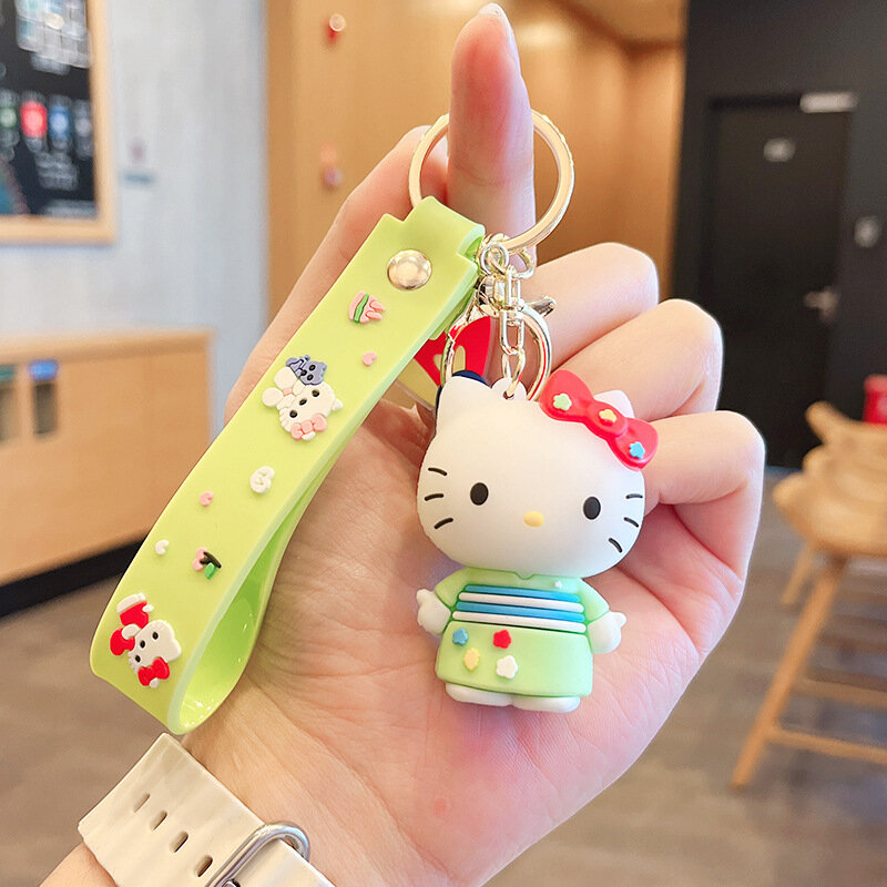 Милый брелок с мультяшной Hello Kitty, изысканная кукла, подвеска для сумки для пары, украшение для автомобиля, Hello Kitty в зеленом кимоно.