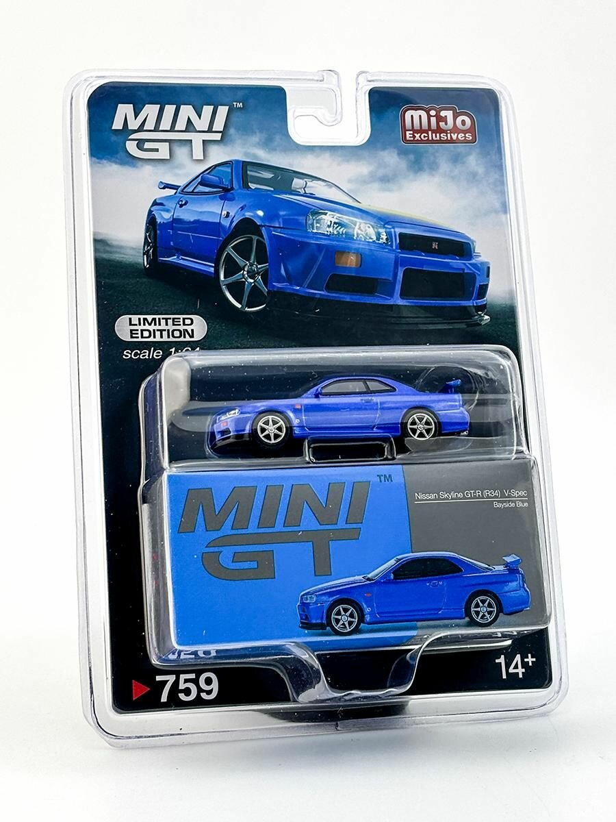Машинка TSM MINI GT 1/64 #759 Nissan Skyline GT-R (R34) V-Spec Bayside Blue MIJO Die-cast Alloy Car Model Collection Display Gift коллекционная масштабная модель подарок