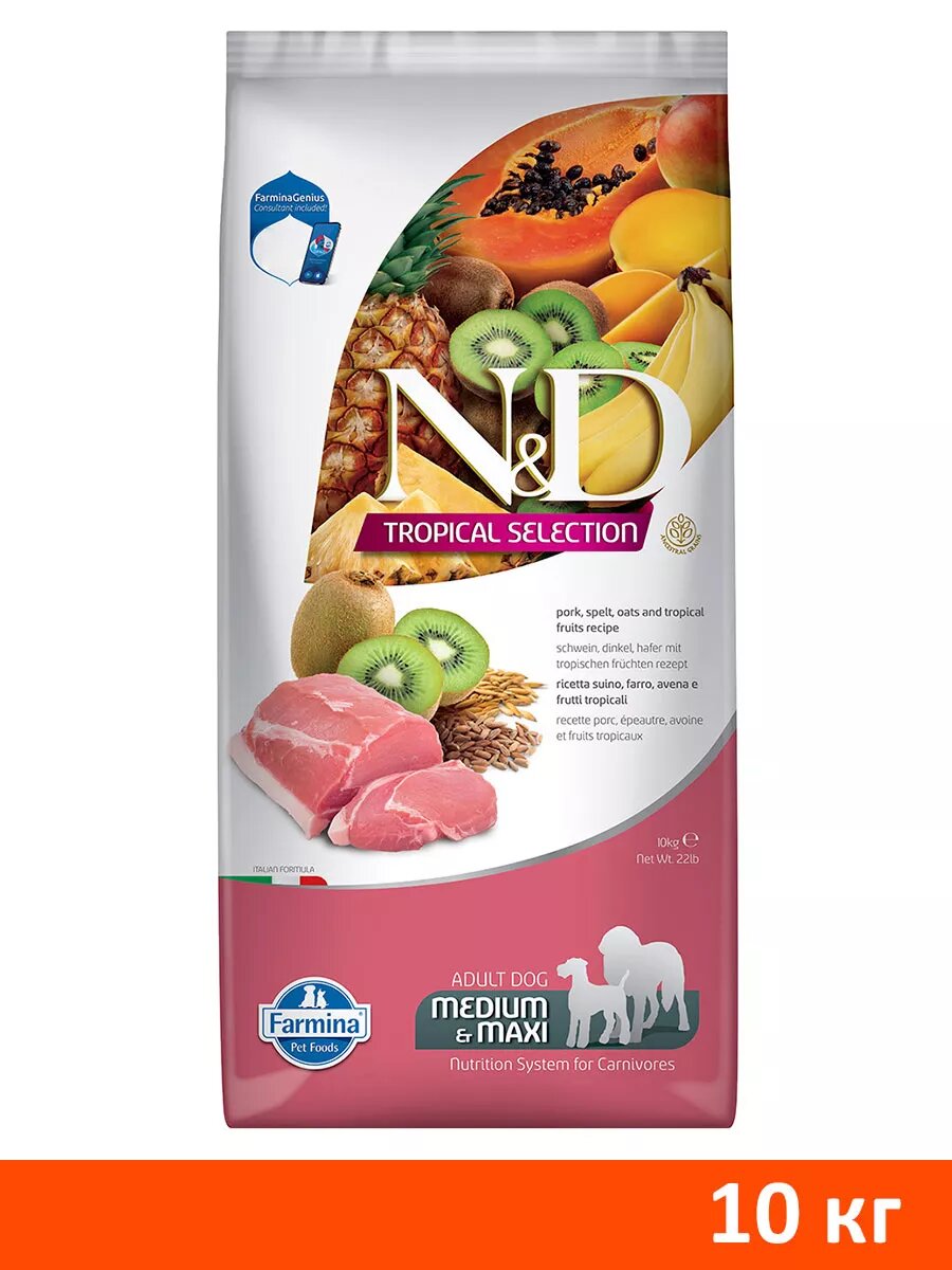 Корм сухой Farmina Dog N&D Tropical Selection Adult Medium & Maxi Pork низкозерновой для взрослых собак средних и крупных пород, свинина, спельта, овес, тропические фрукты, 10 кг