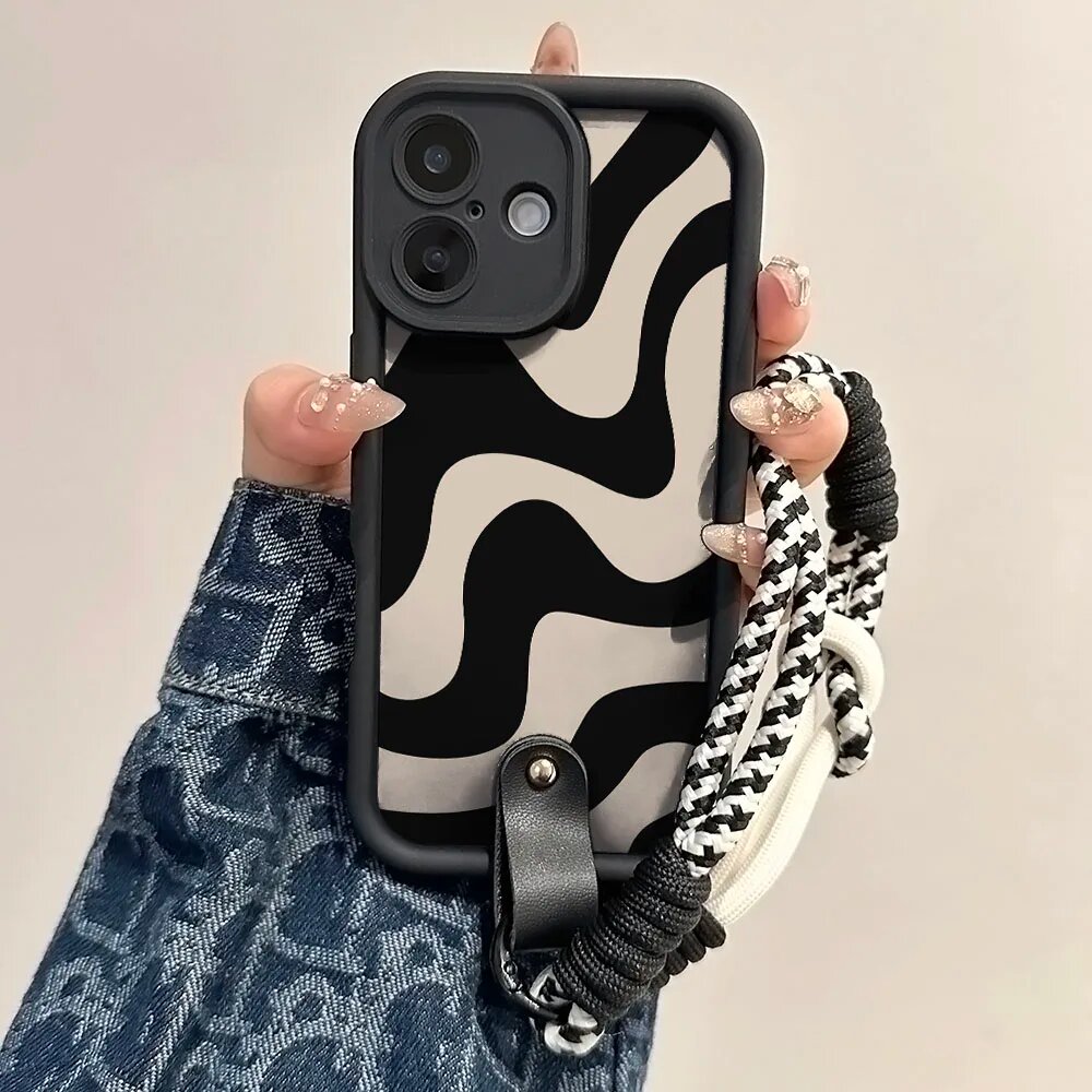 Чехол со шнурком и цепочкой в полоску зебры для iPhone 17, 16, айфон 14 про, Черный, BlackPK-JSS031