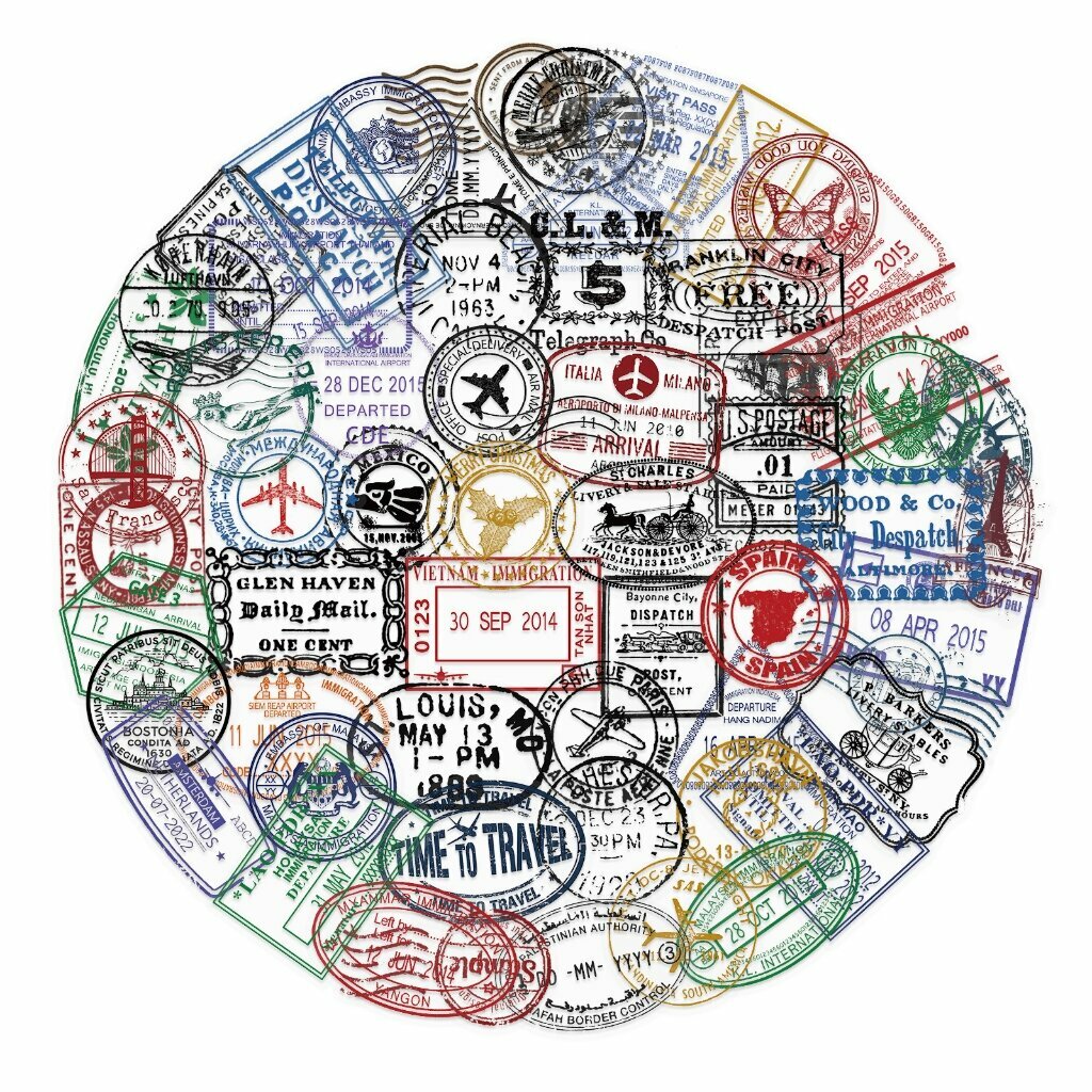 60 листов наклеек с ретро-почтовыми штемпелями, штампами, корешками билетов