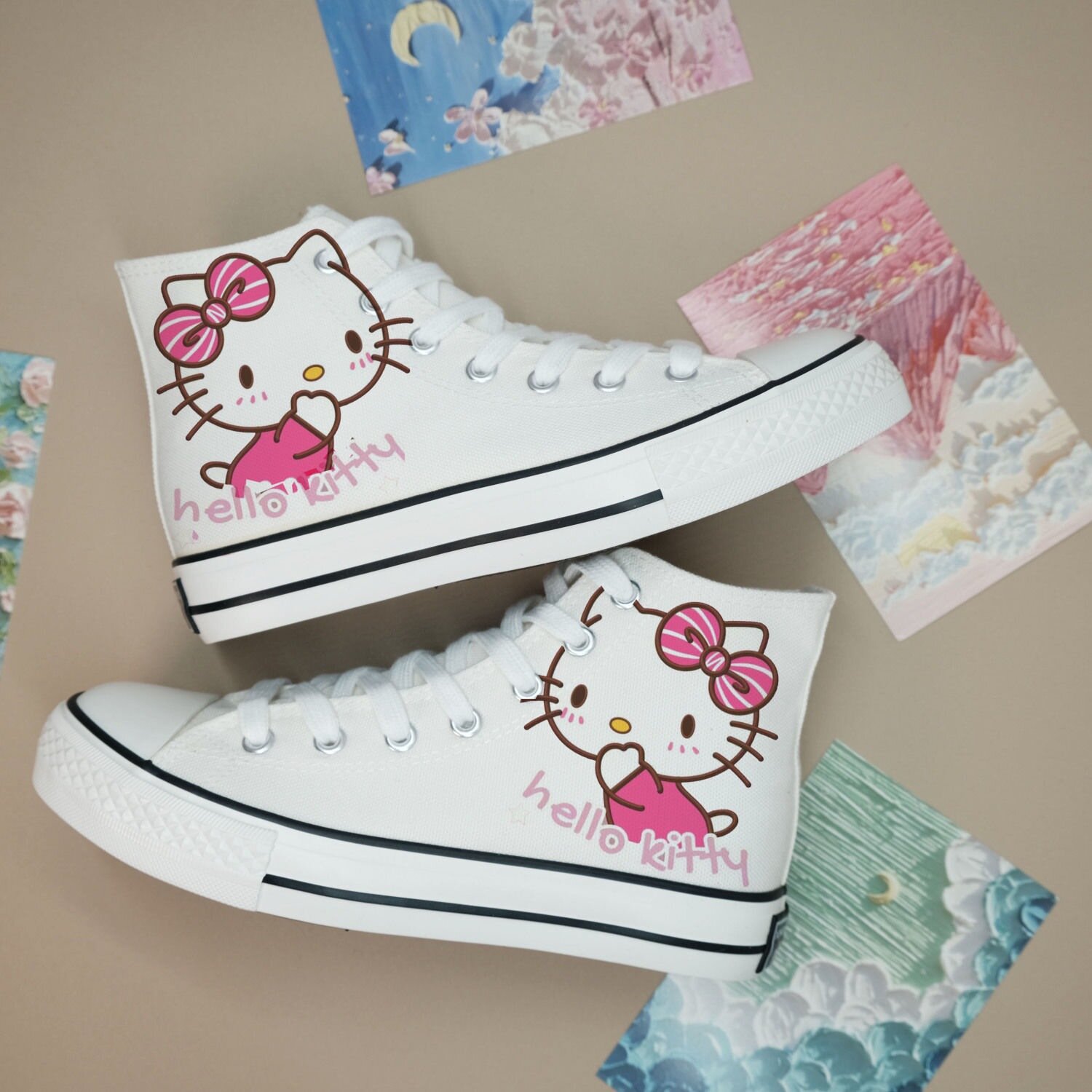 Осенне-зимние парусиновые кроссовки для девочек, милый дизайн с кошкой, спортивные кроссовки, белые кроссовки в уличном стиле.