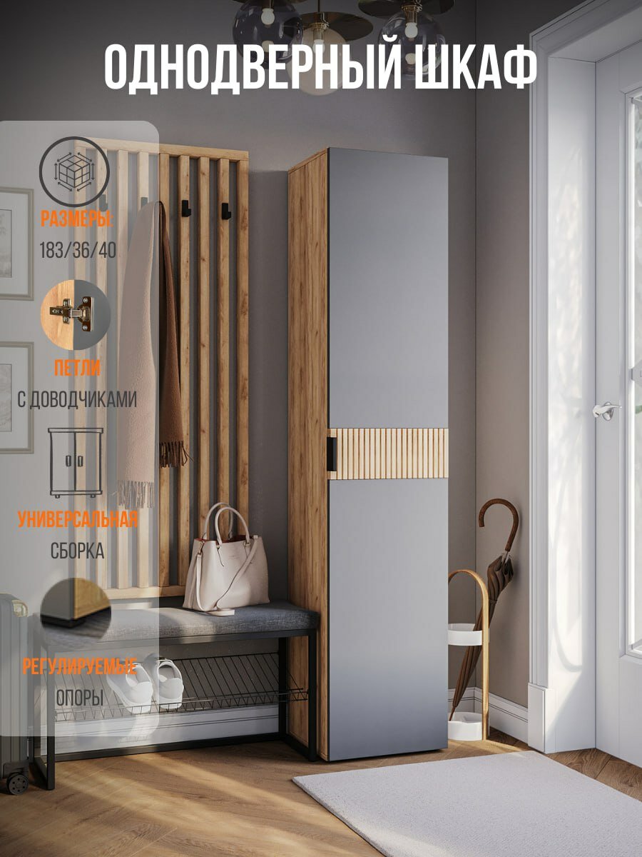 Шкаф для одежды одноверный, шкаф распашной в прихожую Beree, Графит/Дуб, (ШхВхГ) 400х1826х350мм