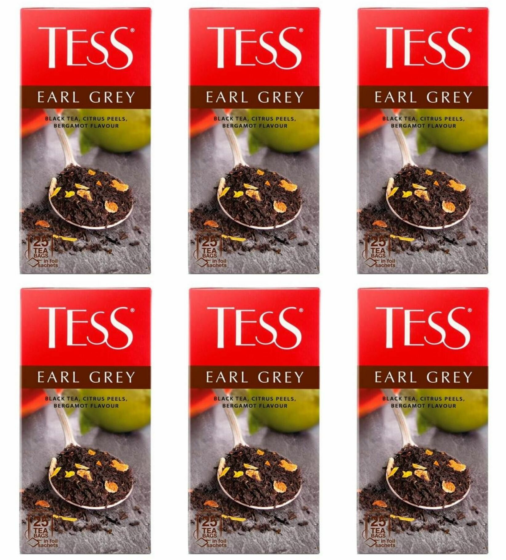 Tess Черный чай Earl Grey, с ароматом бергамота, 25 пакетиков по 1,6 г, 6 уп