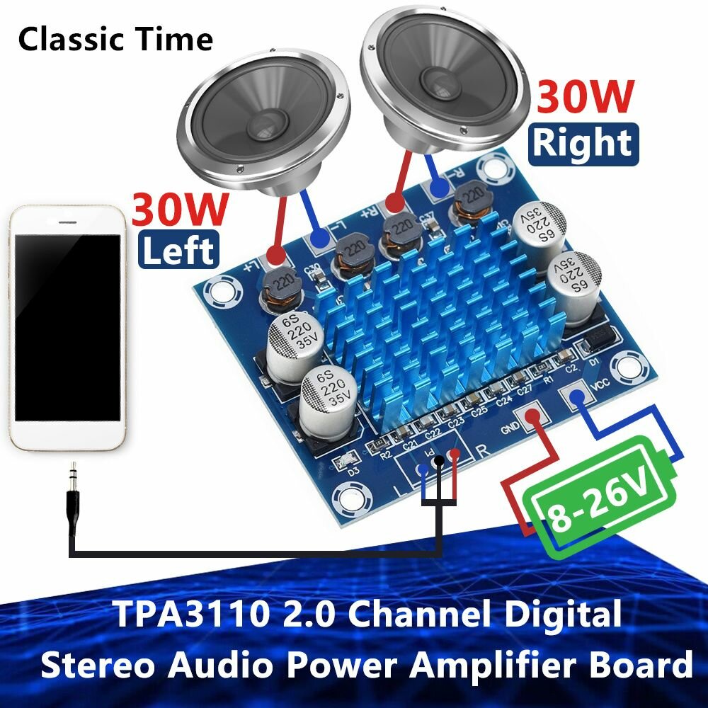 Плата усилителя мощности цифрового стереозвука TPA3110 XH-A232 мощностью 30 Вт + 30 Вт 2,0 канала для Arduino