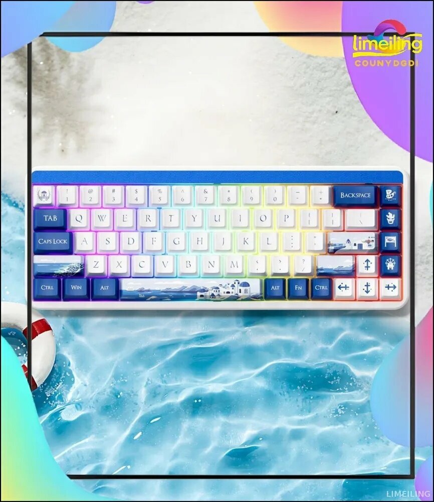 Игровая клавиатура беспроводная Механическая клавиатура Akko JIN01 white Santorini с тремя режимами работы, 68-клавишная клавиатура из розового дерева с возможностью горячей замены, (Akko Rosewood), Английская раскладка, белый, голубой
