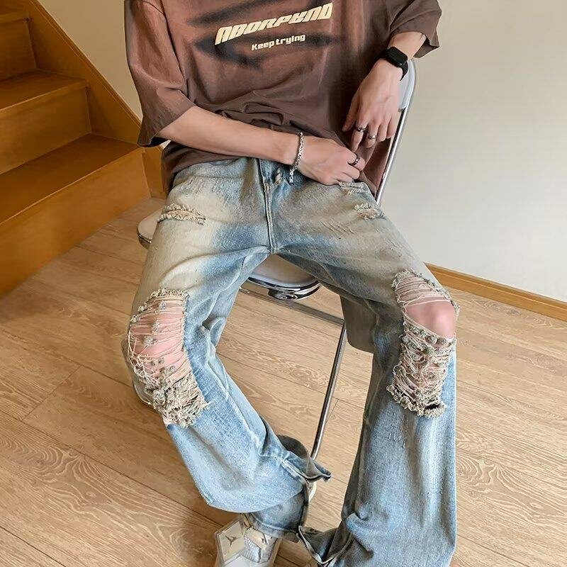 Тренд RONG CH Мужские Джинсы Американские Стиральные Потертые Слим Стрейт Высокий Улица Деним, Размер_S