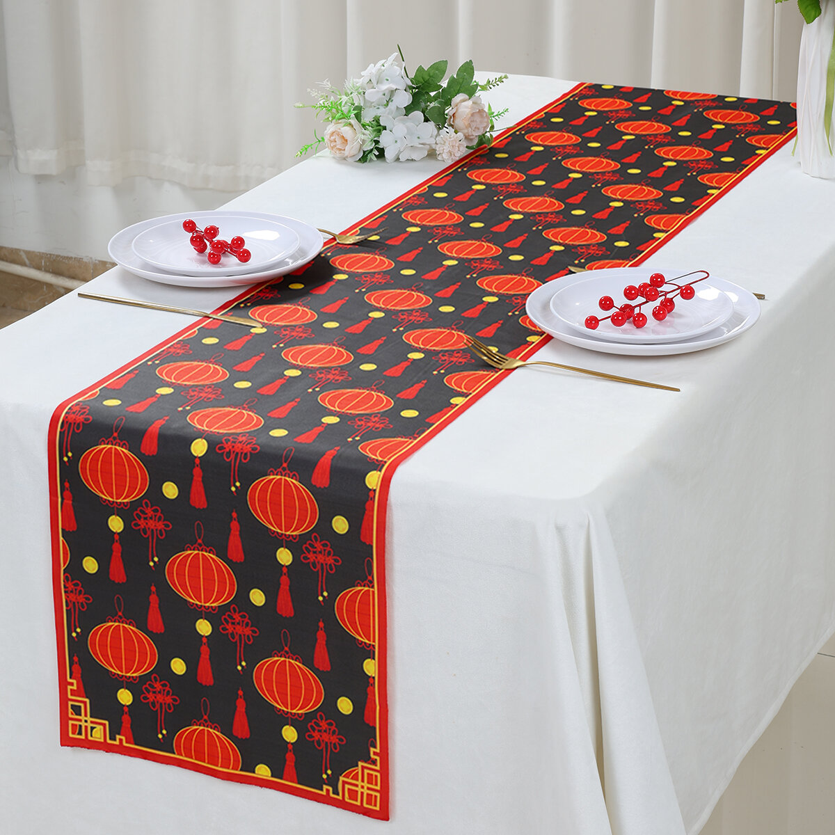 Настольный флаг Китайский Новый год с фонарями на черном фоне, 180 35 см