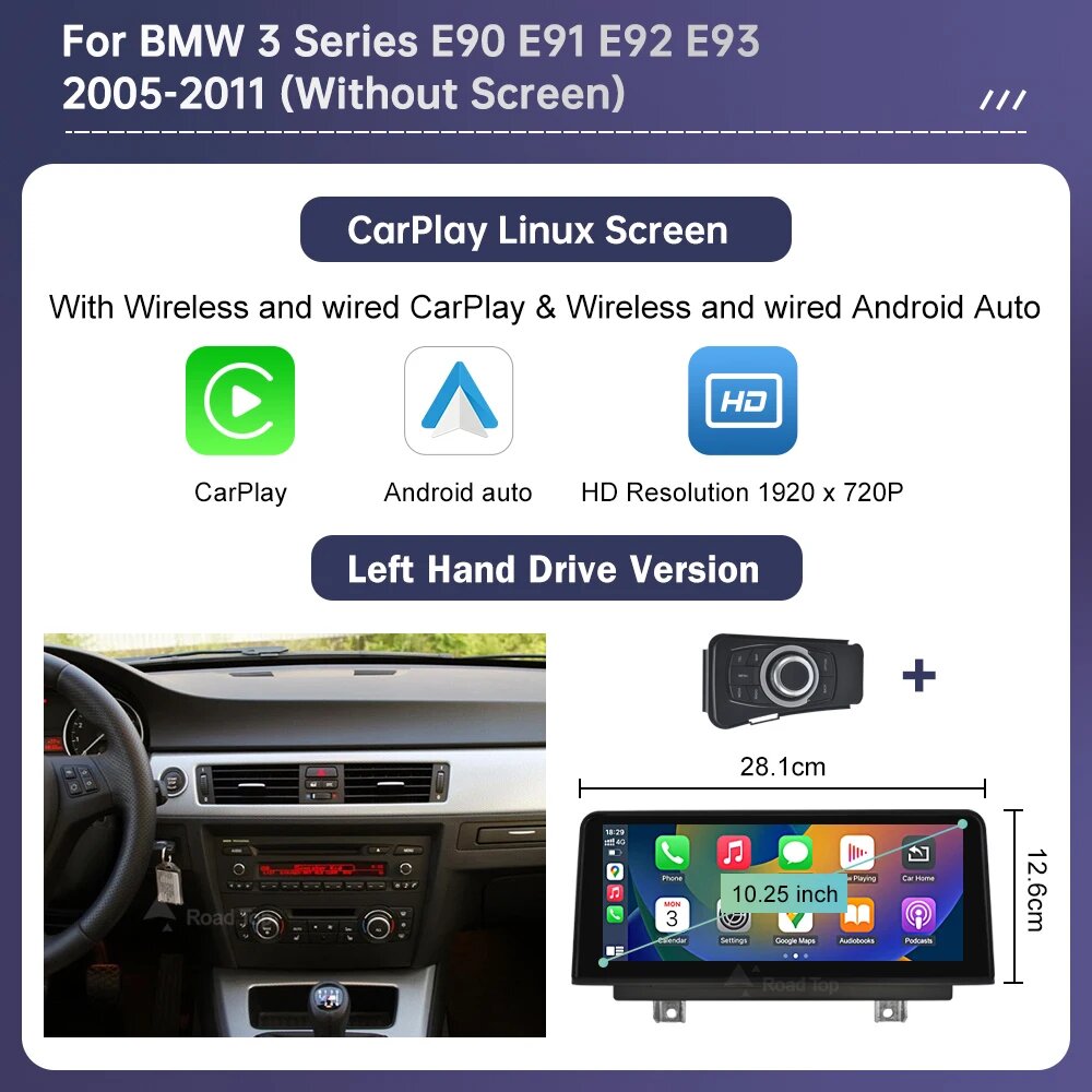Road Top 10,25 футов 12,3 дюйма беспроводной CarPlay Android Auto для BMW серии 3 E90 10.25inch LHD