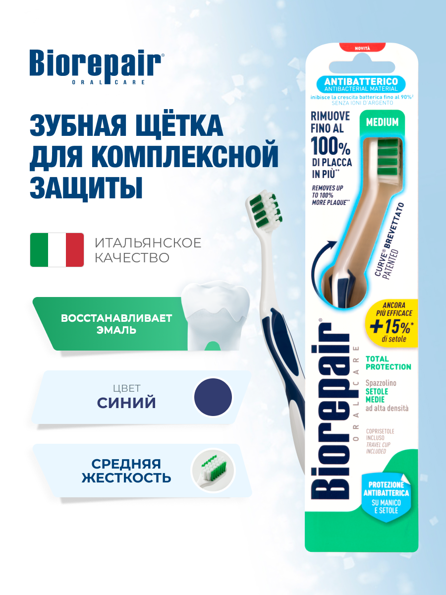 Зубная щетка Biorepair CURVE Protezione Totale средней жесткости, синяя