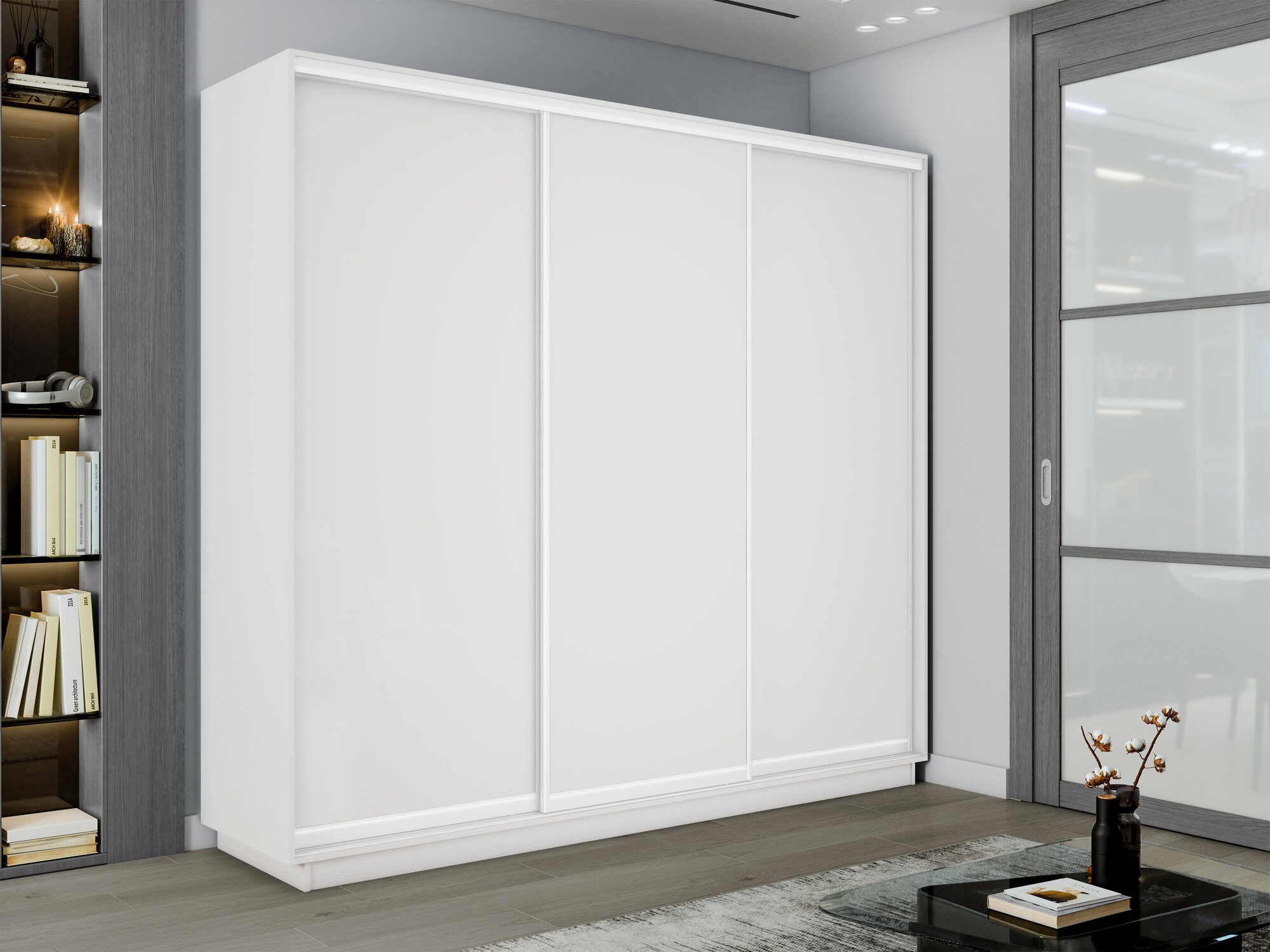 Шкаф купе Вилли 3-х дверный ЛДСП, профиль белый 180 см х 240 см х 45 см (Белый снег)