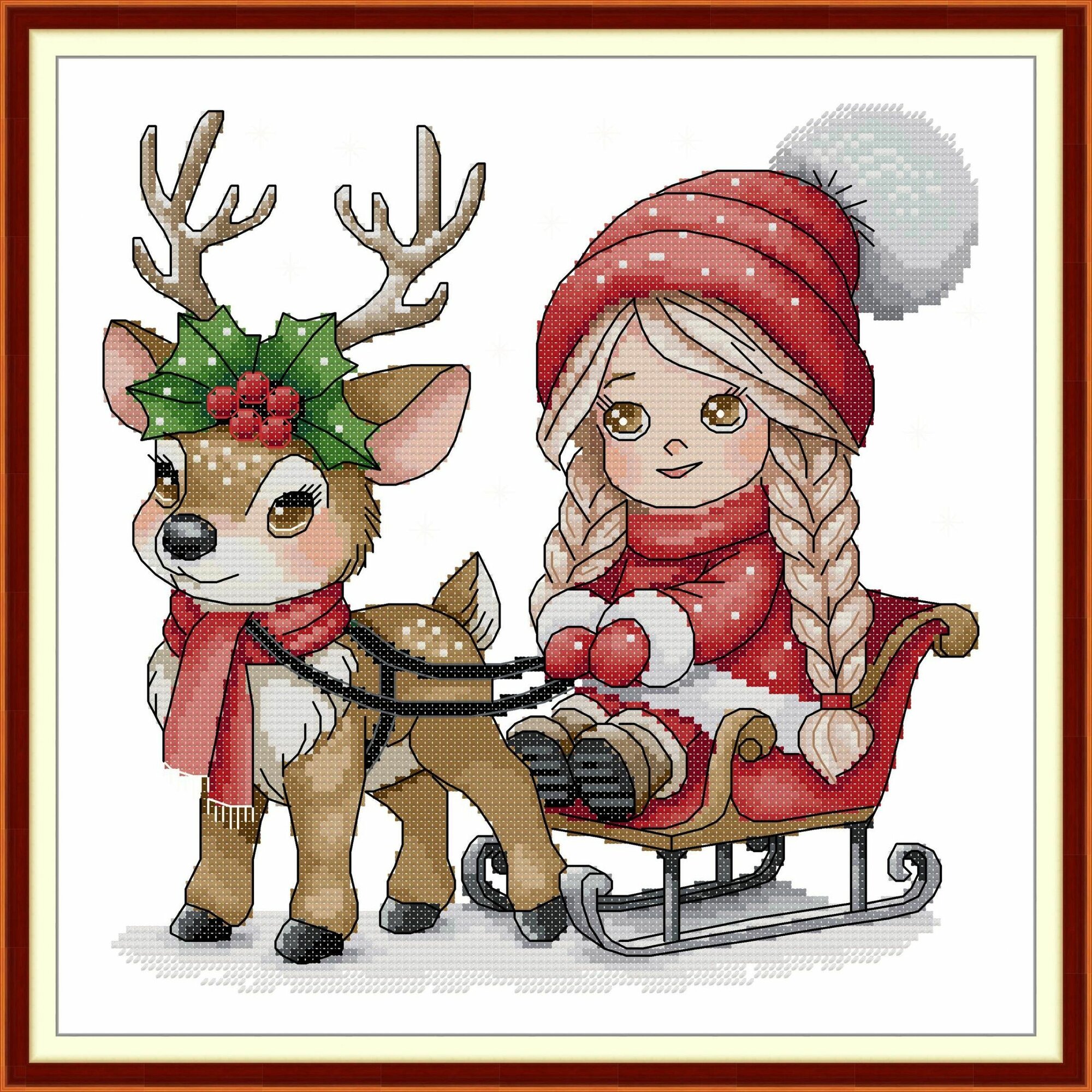 Эксклюзивный набор NKF для вышивания крестиком, сюжет Девочка на лосиных упряжках 39 на 39 см
