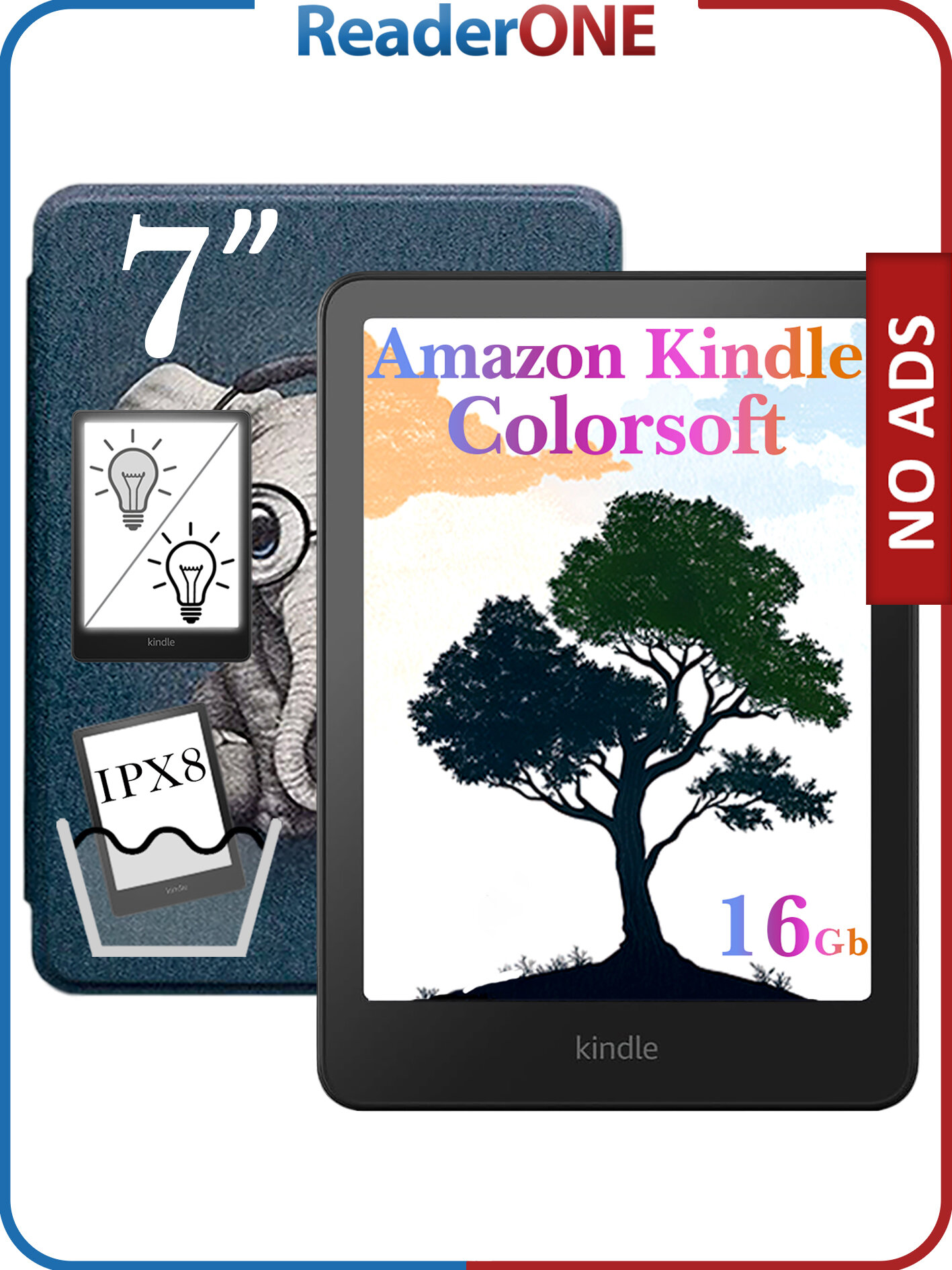 Электронная книга Amazon Kindle Colorsoft, 16Gb, 7 дюймов, E Ink Kaleido 3, черный с обложкой ReaderONE Elephant