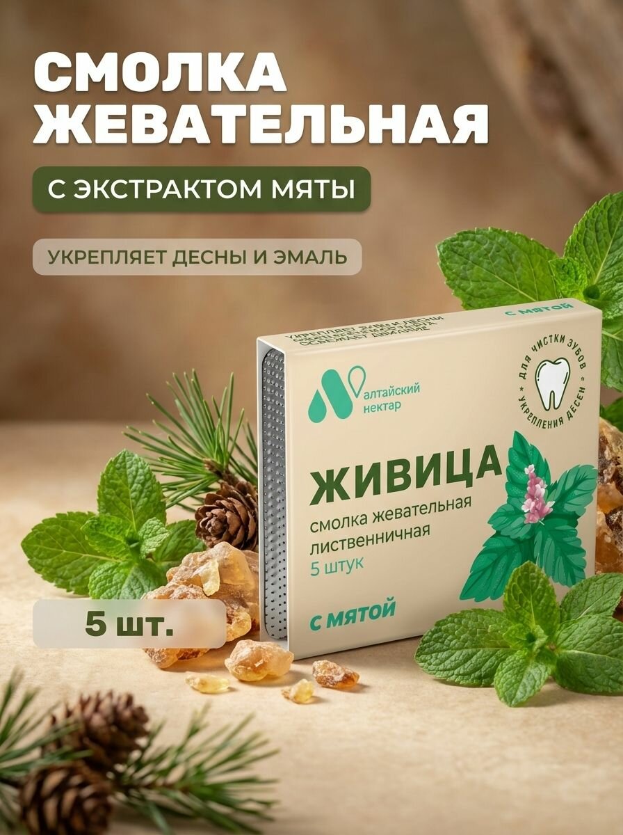 Смолка жевательная лиственничная с мятой для чистки зубов и укрепления десен, натуральная, 5 шт