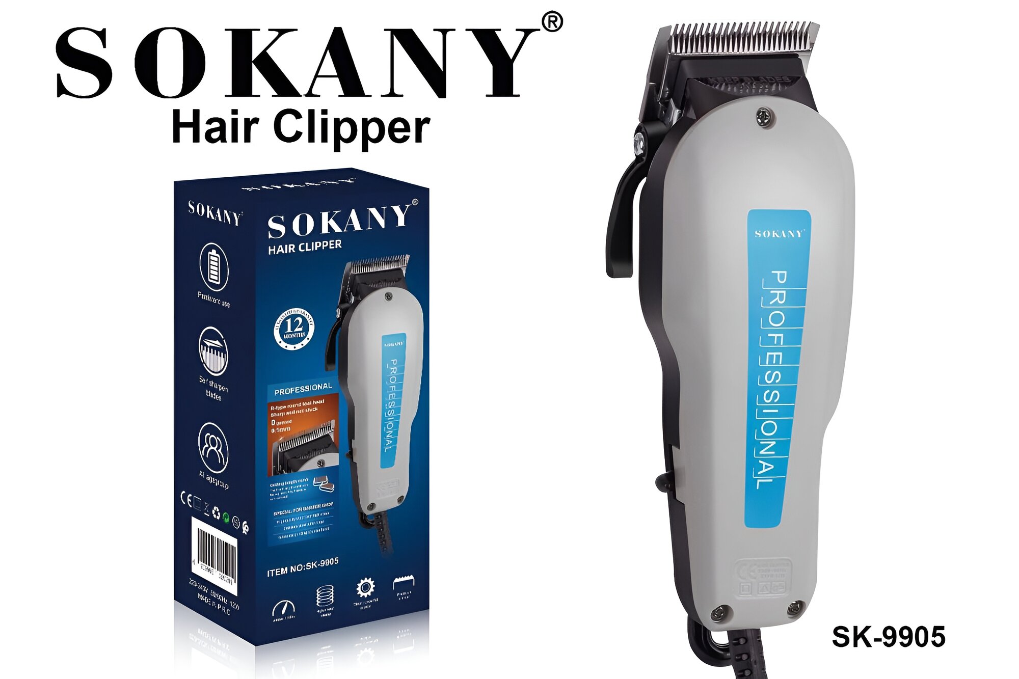 Аккумуляторная машинка для стрижки волос и бороды SOKANY SK-9905 с 4 насадками, стальными лезвиями и набором для ухода.