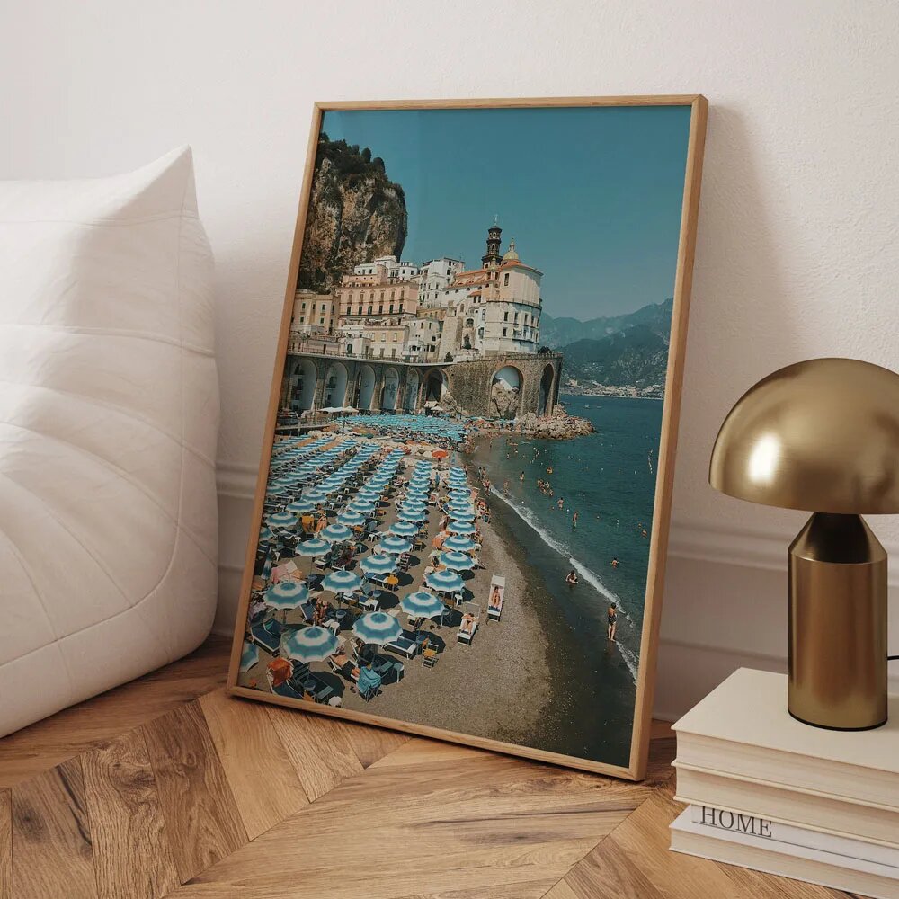 Amalfi Coast Print Италия Пляжные зонтики Плакат Печать на холсте Картина Настенное искусство Спальня Кабинет Студия Гостиная Домашний декор