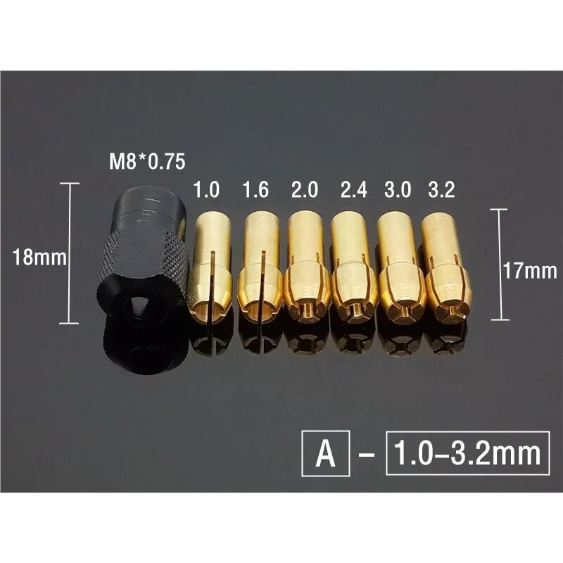 Мини патрон цанговый на вал М8х0.75 мм, латунный, сменные цанги, трехкулачковый для электрогравёра, для мини дрели 1.0.-3.2 мм, 7 шт.