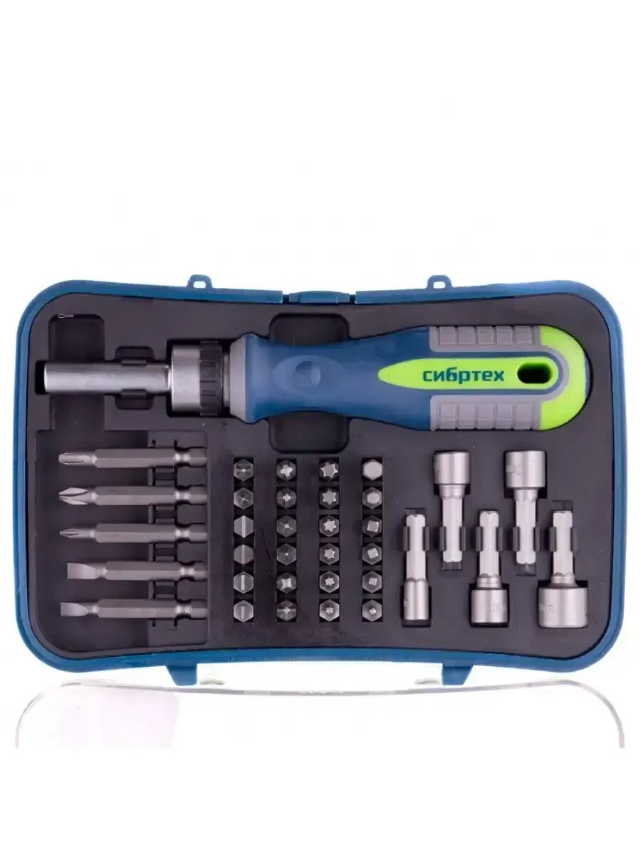 Отвертка реверсивная, набор бит и головок, СИБРТЕХ 13337
