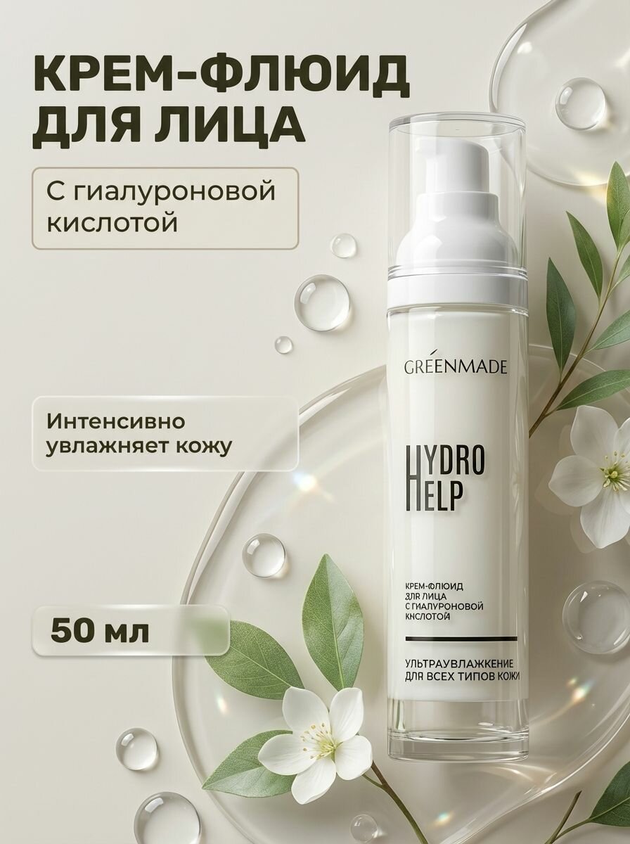 Крем-флюид для лица Hydro Help с гиалуроновой кислотой для интенсивного увлажнения и подтяжки кожи, 50 мл