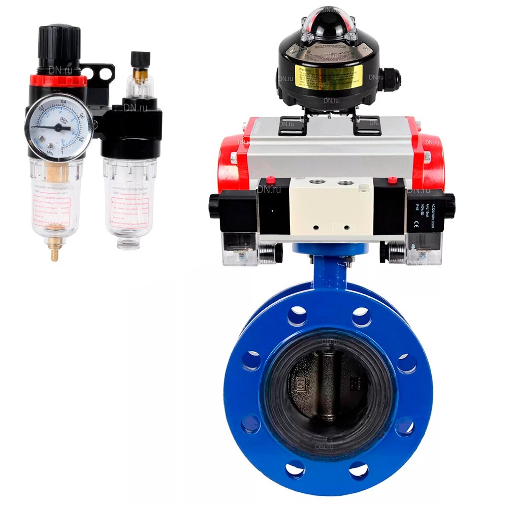 Затвор дисковый поворотный DN. ru GGG40-304-EPDM-2W-F-H Ду125 Ру16 корпус - чугун GGG40, диск - нерж. сталь 304, уплотн. - EPDM, с пн. приводом SA-160, пн. распределителем PND1-S2EM-52-2-T08-220VAC, БКВ LSB-510-02ExM12-250 и БПВ APU1-10-40-V08