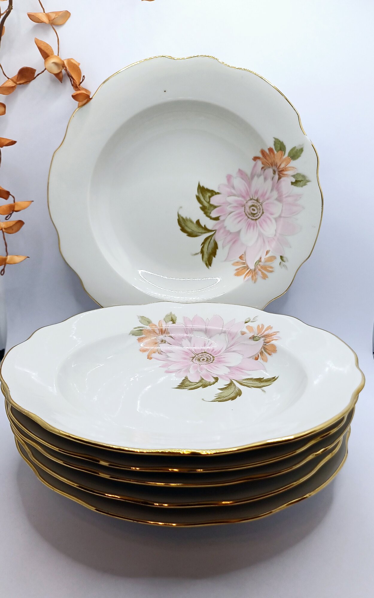 Набор глубоких тарелок Хризантемы винтажный, Дулево СССР