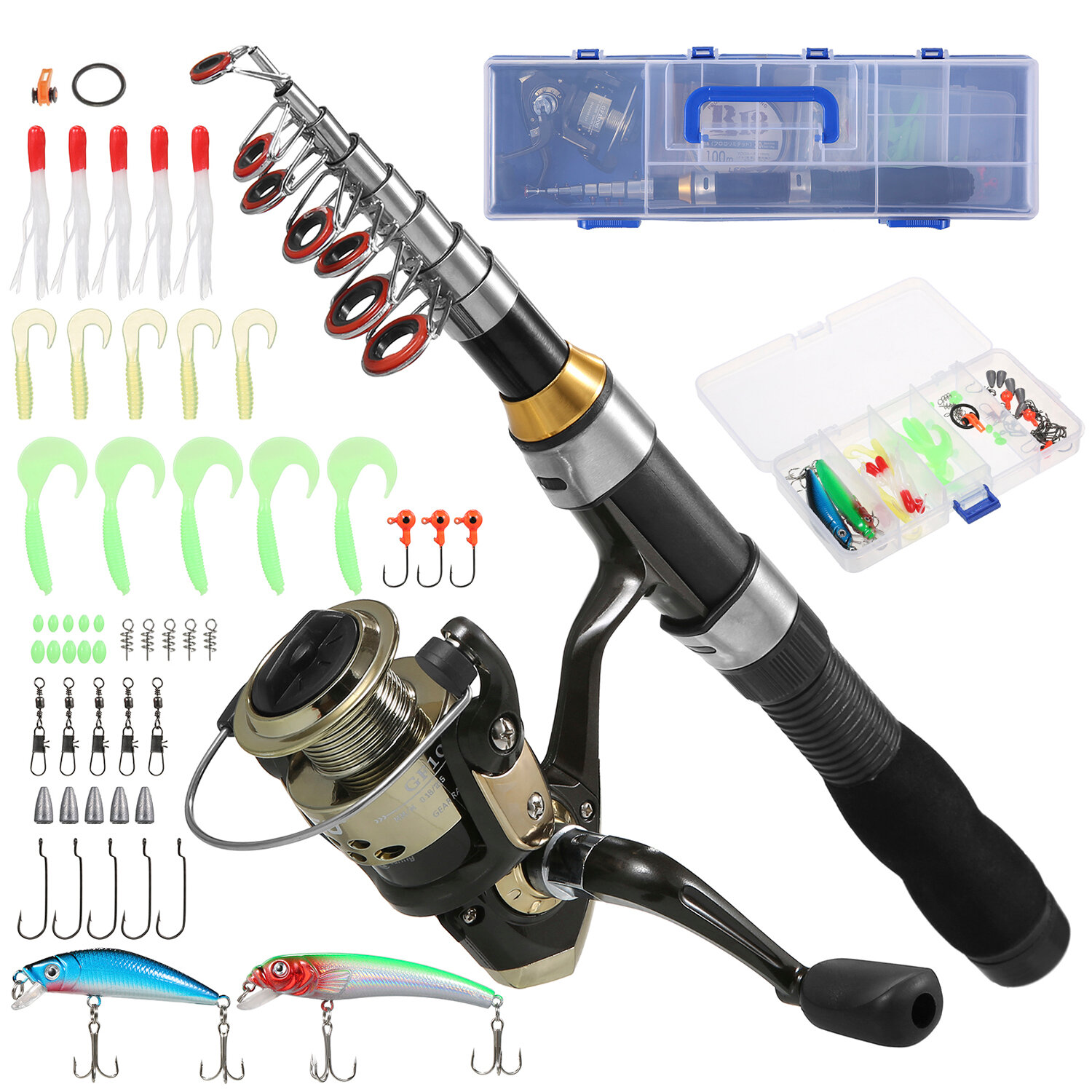 Комбо удилища и катушки Telescopic Fishing Pole с катушкой Spinning Reel, леска, приманки, крючки, поворотники, набор аксессуаров для рыбалки с ящиком для приманок, длина удилища 1.7м / 1.9м, соотношение передач катушки 5.2:1, 3BB, ёмкость лески