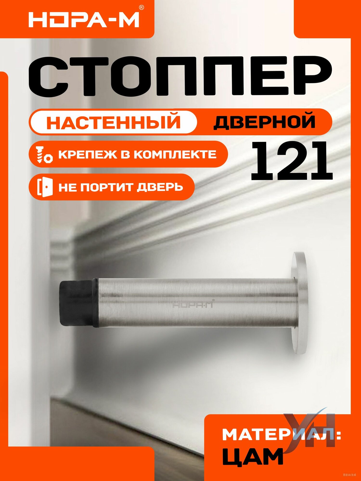 Ограничитель дверной, стоппер (стопор) двери, упор нора-м 121, настенный, матовый никель