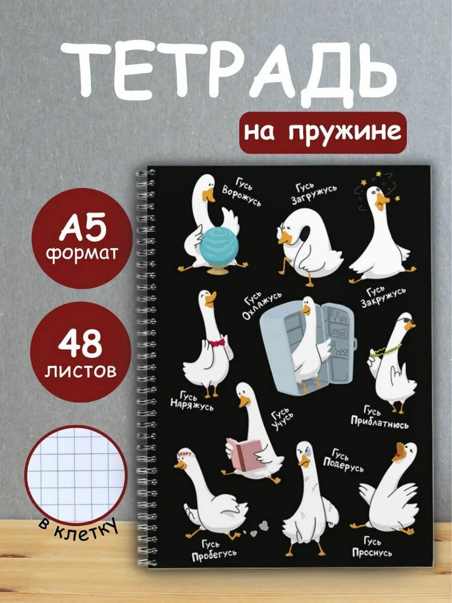Тетрадь в клетку 48 листов на пружине, блокнот А5 Смешные Гуси